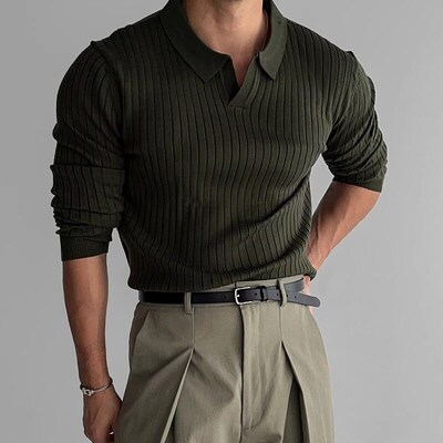 Korean High-end Mens Solid lor Thread Elastic Lapel Pullove
