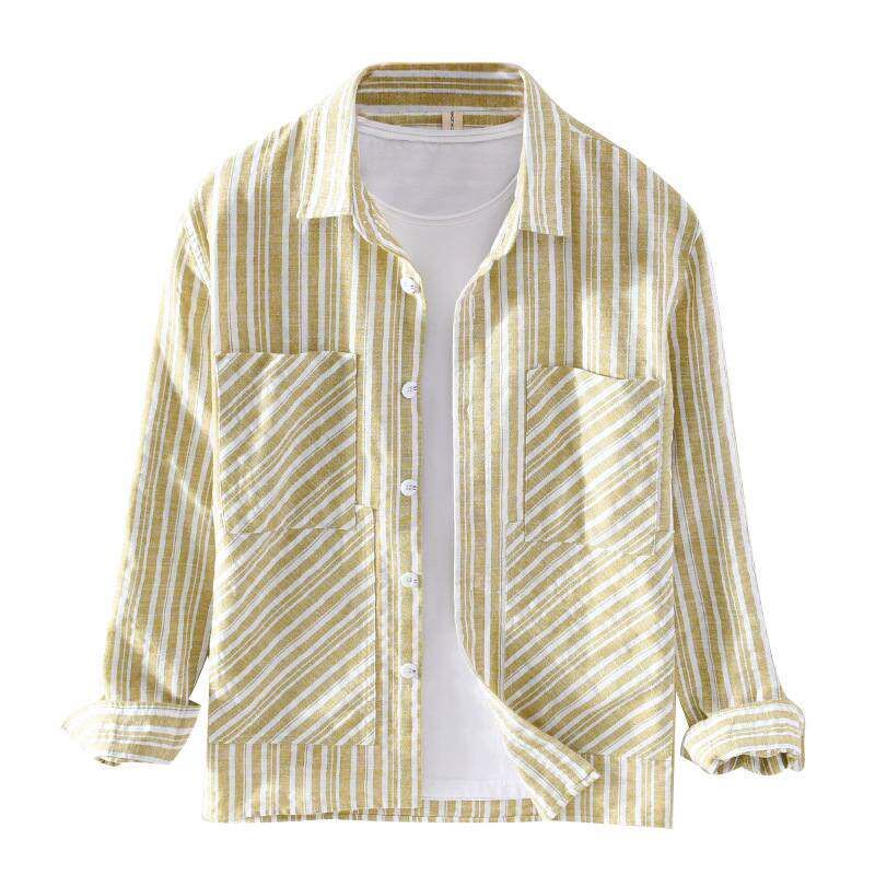 9330 Men Striped Shirt Cotton Linen Fabric Japan Style Simp