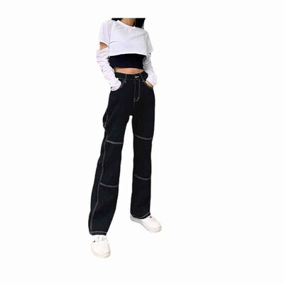pants jeans black stitching flared trousers pure elastic