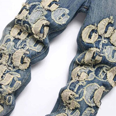 Men Letters Patch Embroidery Denim Jeans Streetwear Release