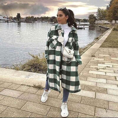 2021 New Women Oversized Coat Long Checked Casual Fashion Ch