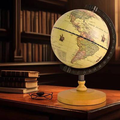 22x14cm World Globe Earth Map In English Retro Wooden Base E
