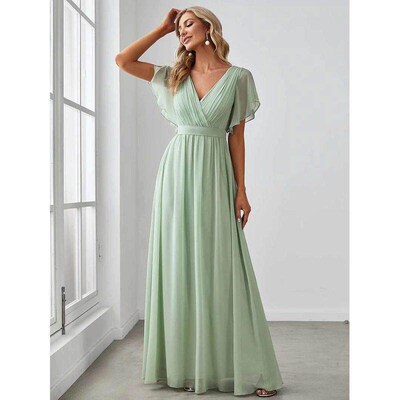 Elegant Evening dresses Long A LINE Short Sleeve V-Neck Chif
