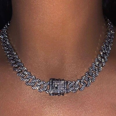 Iced Out Cuban Link Chain 2 Row Diamond Cuban Chain Rhombus