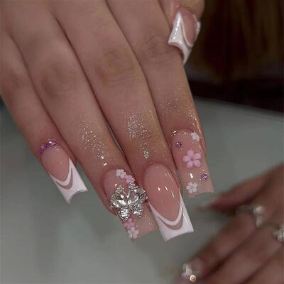French Love Bow Decor Fake Nails Mid-length Coffin Ballet Pr