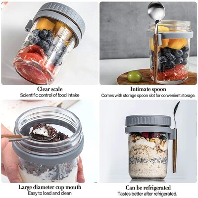 Oatmeal Cup Overnight Oats Jars Breakfast Cup with Lid &Spoo