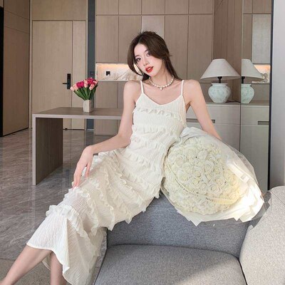 Gentle French Style White Sling ress Seasie Holiay Long ress