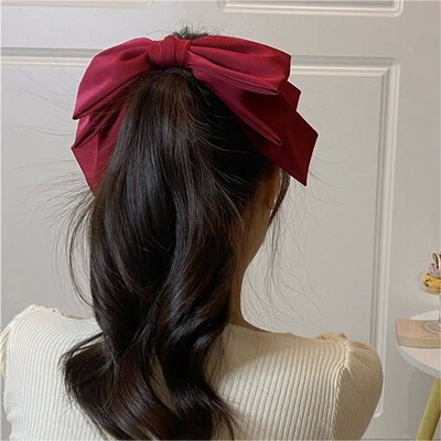 New Big Satin Hair Clip Hair Bows Girl Women Solid Pink Blac