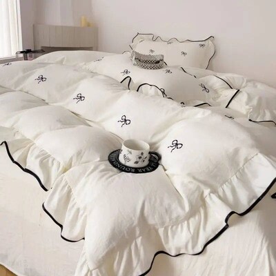 3pcs bow embroidery Bedding set ruffles Duvet ver Set (1*Duv