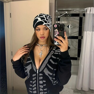 Goth Spider Web Caps Y2K Knitted Warm Hip Hop Unisex Hat帽子