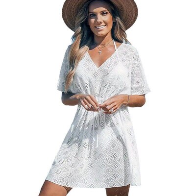 2025 Beach Dress Women Knitted Pure Color Vneck Personality