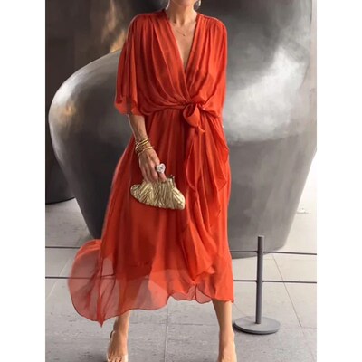 2025 Womens Solid lor Lace-up Long Dress Bat Sleeve Irregul
