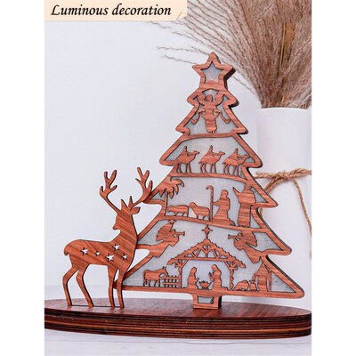 3pcs Christmas ree Shape Luminous Wooden Nativity Scene Orna