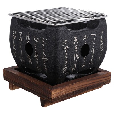 Ja平底锅ese Grill with Wooden Base Barbecue Stove Cast Grill