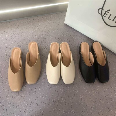 Spring New Square Head Slippers Womens Shallow Mouth Simple
