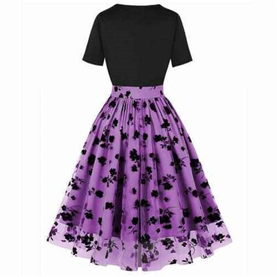 retro neck Womens mesh swing waist short-sleeved stitching