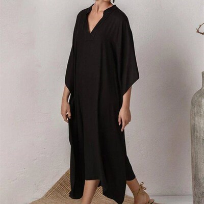 Swimsuit Cover Up Women Kaftan Beach Tunic Solid V Neck Eleg