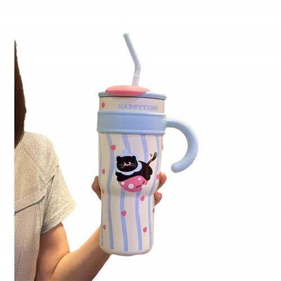 Cartoons ice-free cup of straw coffee with stainless steel