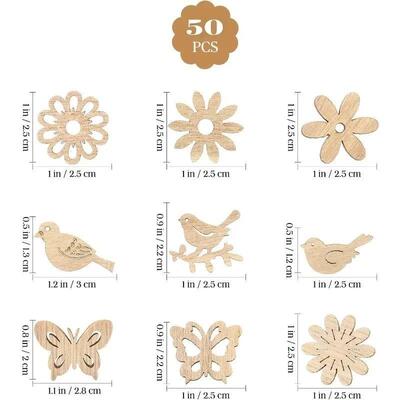 50pcs Wooden Cutouts Wood Bird Butterfly Flower Slices Woode