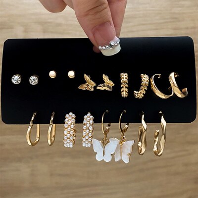 Fashion Gold Color Earrings Set Geometry Butterfly Pearl Ear