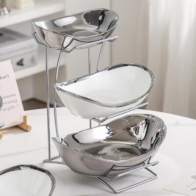 奢陶瓷轻元宝盘子艺铁篮客厅家用多层水果盘点LY-55633心零食三果