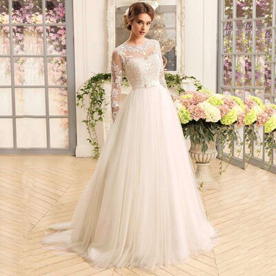 Gorgeous Long Sleeve Wedding Dresses O-Neck Lace A-line Tull