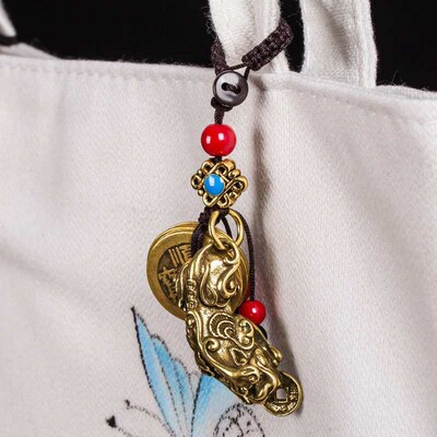 Pixiu Five Emperors Money Car Keychn Pendant Vintage Brass F