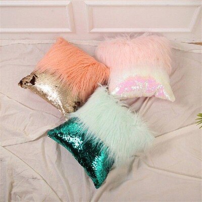 Sequins Long Plushes Splicing Throw Pillow Cover Decorative