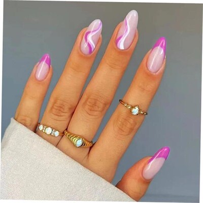 24Pcs French False Nails Almond Fake Nails with Glue Press o
