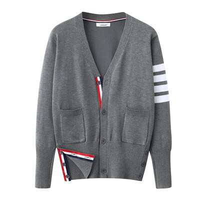 四条杠条纹男女情侣装短款针织开衫春秋季宽松百搭学院风大码外套