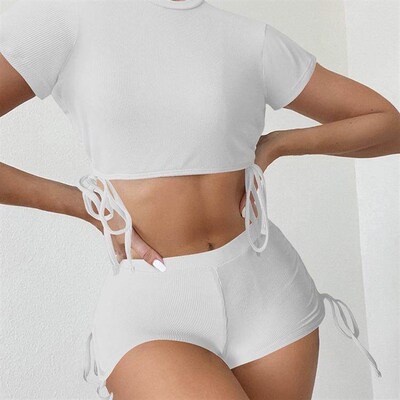 Conservative short sleeved lace up swimsuit, womens beach