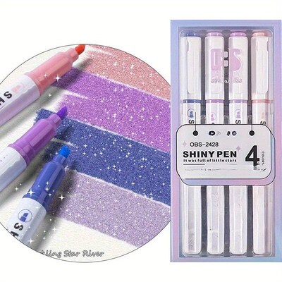 4pcs Glitter Highlighters, Flexible Line Width & Smudge-Proo