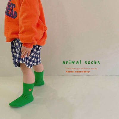 1110 childrens socks spring new solid color animal embroide