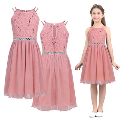 6-14 Years Kids Girls Sleeveless Sequined Floral Lace Shiny