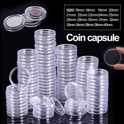 100Pcs 18/19/20/21/23/24/25/26/28/30mm Clear Plastic Coin Ca