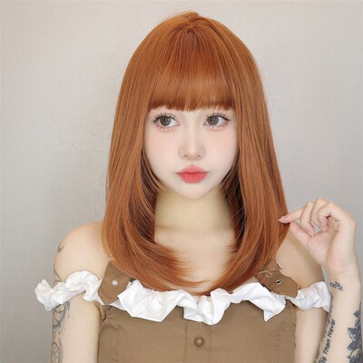 Orange MidLength Straight Wig w Air Bangs Japanese Korean Do