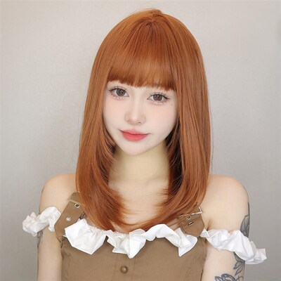 Orange MidLength Straight Wig w Air Bangs Japanese Korean Do