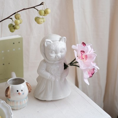 Hi Lovely.复古白色猫咪造型单孔陶瓷水培鲜花绿植花瓶装饰花插