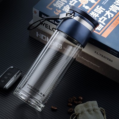 卧龙双层玻璃杯泡茶师水杯茶水分离水杯耐热加厚带盖带茶隔防烫杯