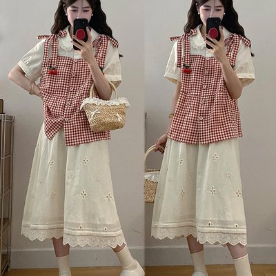 实拍~元气少女樱桃红格假两件花边娃娃领宽松上衣半身裙两件套