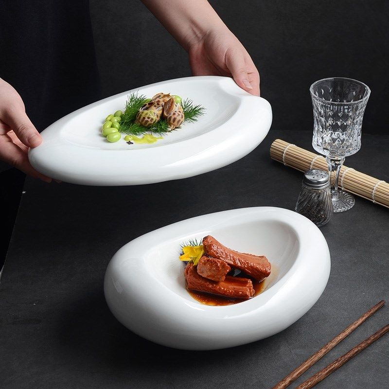 纯白陶瓷不规则意境菜盘子高级感冷菜盘仪式感餐具平盘分子料理