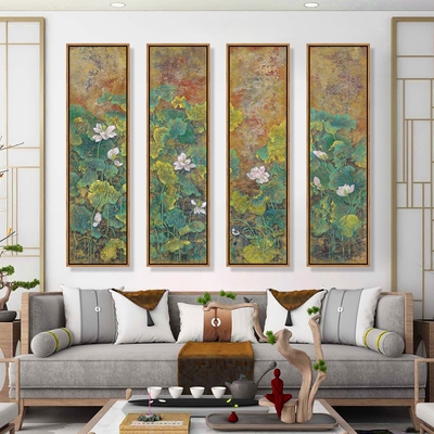 王迦楠荷花装饰画中式四条屏客厅酒店样板房挂画书房茶室壁画竖版