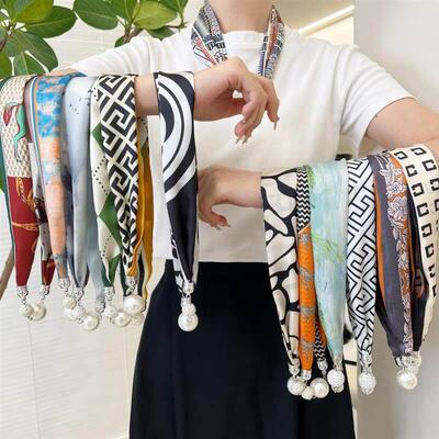 韩版高级珍珠磁吸扣丝巾女薄款带钻项炼小领巾懒人围脖护颈围巾