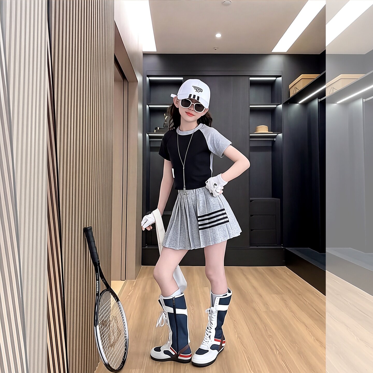 女童连衣裙2026夏季新款运动风圆领撞色短袖洋气半身裙亲肤两件套