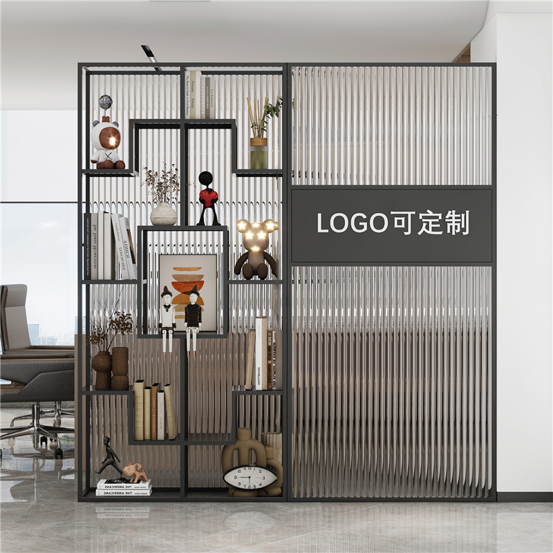办公室隔断墙置物架公司前台玻璃屏风展示书架logo形象墙置物架子