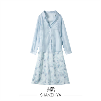 山只鸭/SZY  年夏新翻领系带衬衫后背开叉花色吊带连衣裙两件套