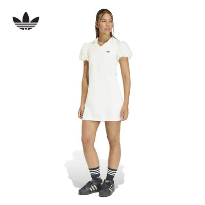 adidas阿迪达斯三叶草长裙2026春女泡泡袖修身翻领连衣裙 KE3437