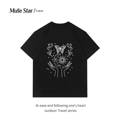 MUSESTAR设计感蝴蝶印花短袖T恤男女户外宽松黑色新款上衣