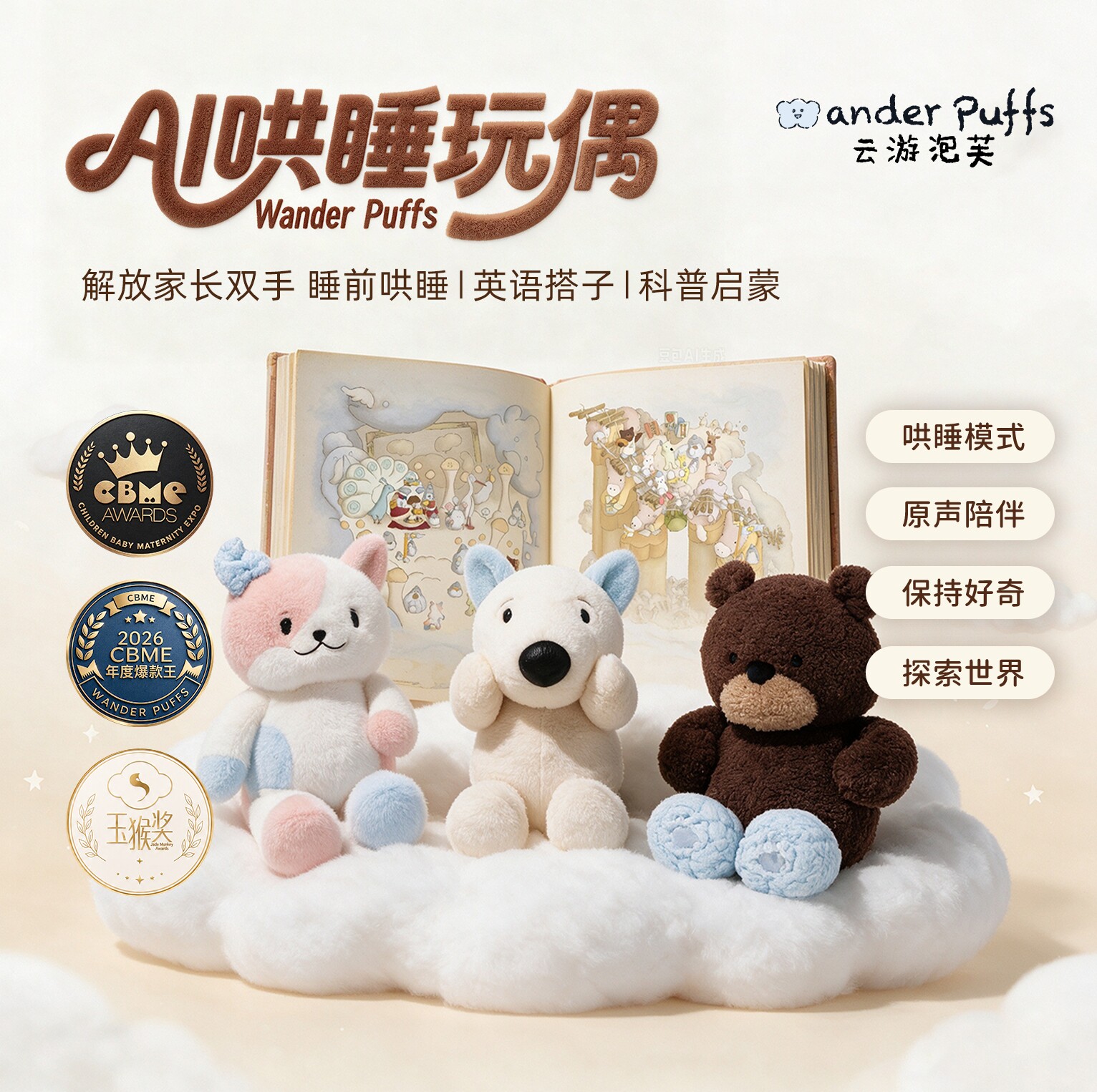 WanderPuffs云游泡芙 豆包模型ai玩具智能哄睡宠物猫小熊玩偶礼物