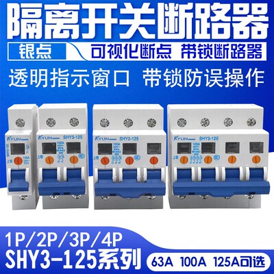 隔离开关 SHY3-125空气开关带锁带透明指示窗口银点100A三相380V